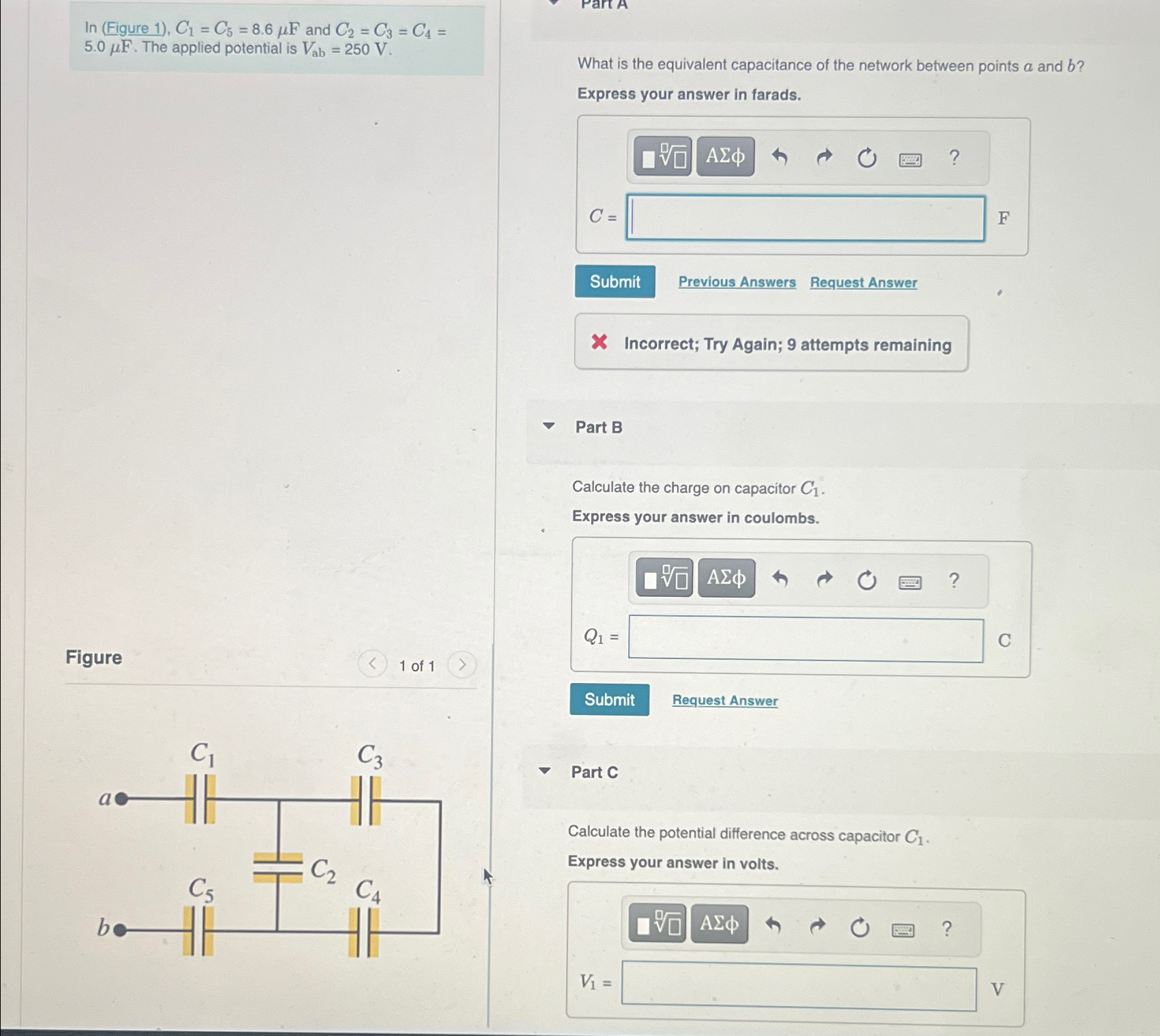 Solved In (Figure 1), C1=C5=8.6μF ﻿and C2=C3=C4= 5.0μF. ﻿The | Chegg.com