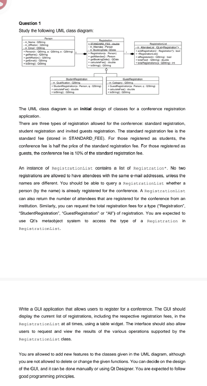 Solved Question 1The UML class diagram is an initial design | Chegg.com