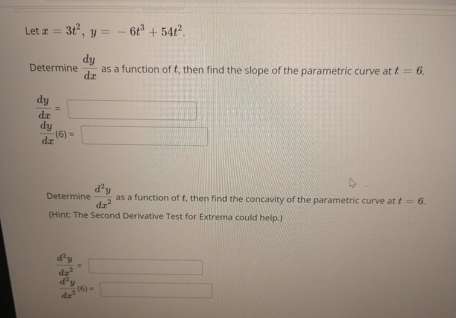 Solved Let x=3t2,y=-6t3+54t2Determine dydx ﻿as a function of | Chegg.com