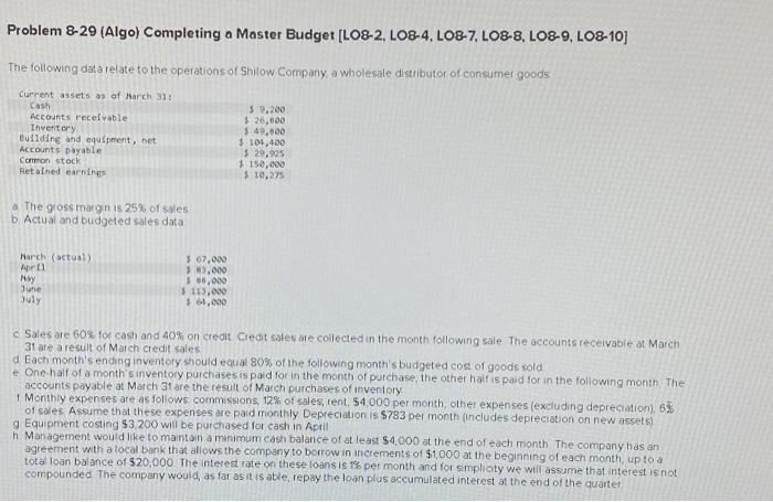 Problem 8-29 (Algo) Completing a Master Budget | Chegg.com