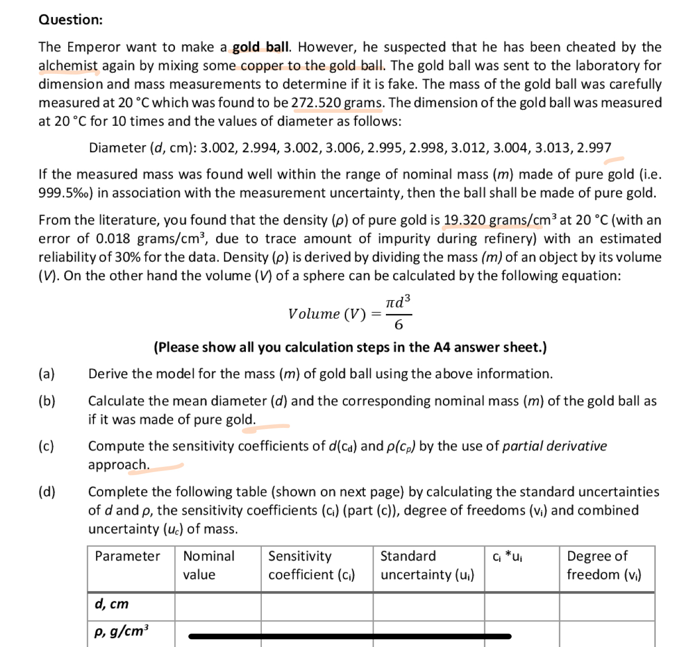 Solved Question:The Emperor want to make a gold ball. | Chegg.com