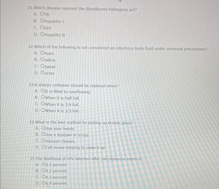 Solved 21. Which disease spurned the Bloodborne Pathogens | Chegg.com