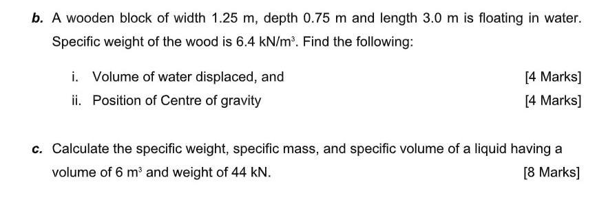 Solved b. A wooden block of width 1.25 m, depth 0.75 m and | Chegg.com
