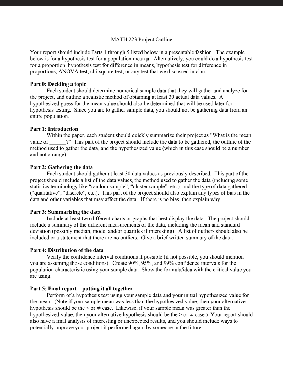 Solved MATH 223 Project Outline Your report should include | Chegg.com
