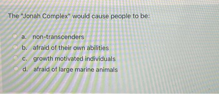 Solved The "Jonah Complex" would cause people to be: a. | Chegg.com