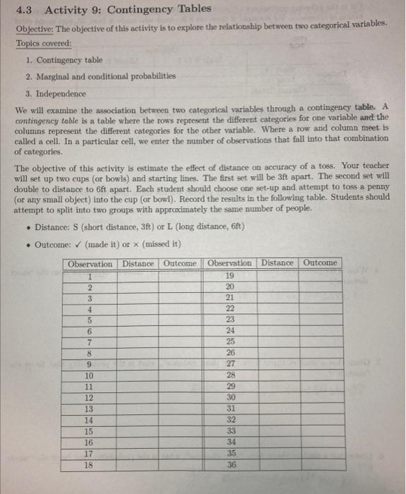 4.3 Activity 9: Contingency Tables Objective: The | Chegg.com
