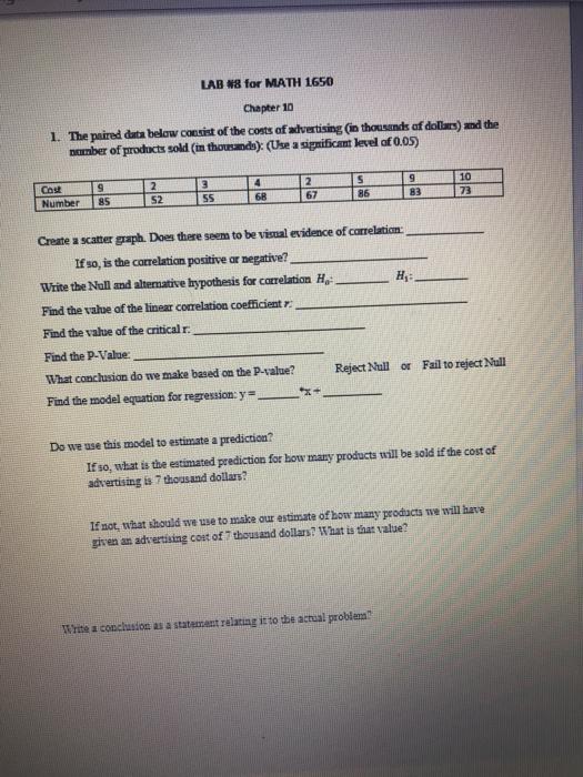 LAB N8 for MATH 1650 Chapter 10 1. The paired data | Chegg.com