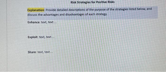 Solved Risk Strategies for Positive Risks Explanation: | Chegg.com