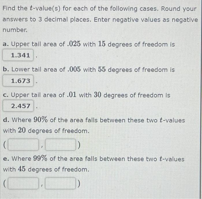 Solved Find the t-value(s) for each of the following cases. | Chegg.com