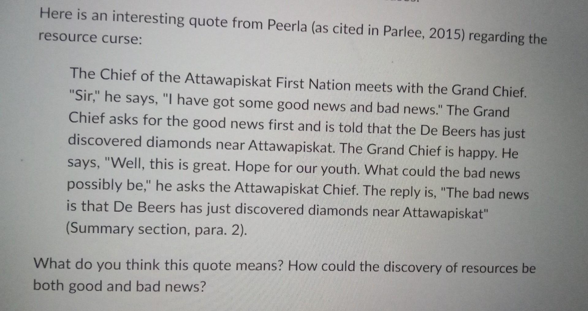 Solved Here is an interesting quote from Peerla (as cited in | Chegg.com