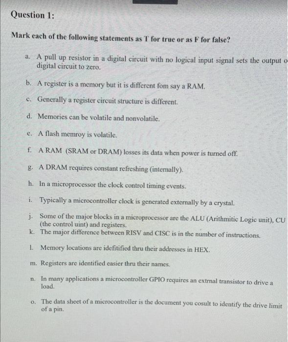 Solved Mark each of the following statements as T for true | Chegg.com