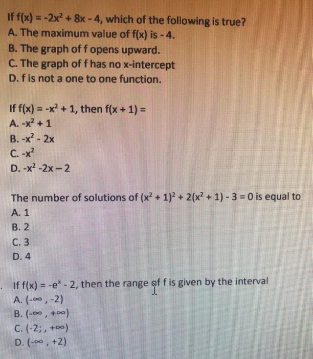 Solved If f(x) = -2x2 + 8x - 4, which of the following is | Chegg.com