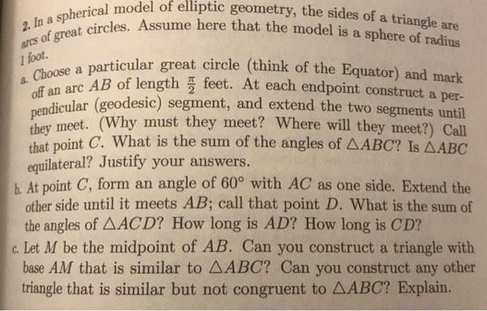 del of elliptic geometry, the sides of a triangle are | Chegg.com