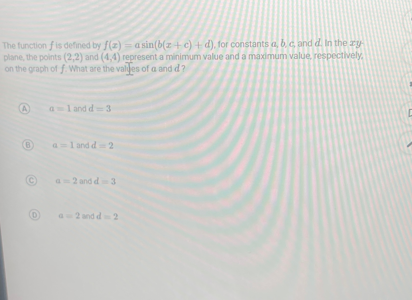 Solved The function f ﻿is defined by f(x)=asin(b(x+c)+d), | Chegg.com