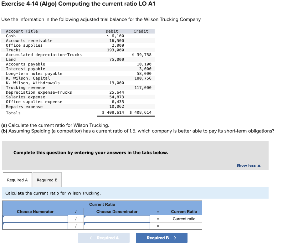 Solved Exercise 4-14 (Algo) ﻿Computing the current ratio LO | Chegg.com