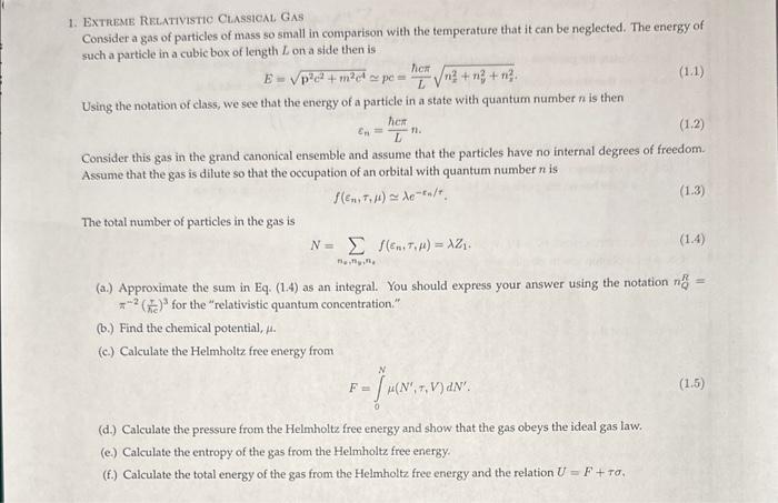 1. Extreme RELATtVISTIC Classical Gas Consider a gas | Chegg.com