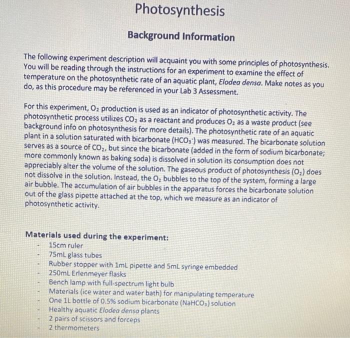 Data from photosynthesis experiment to use for your | Chegg.com