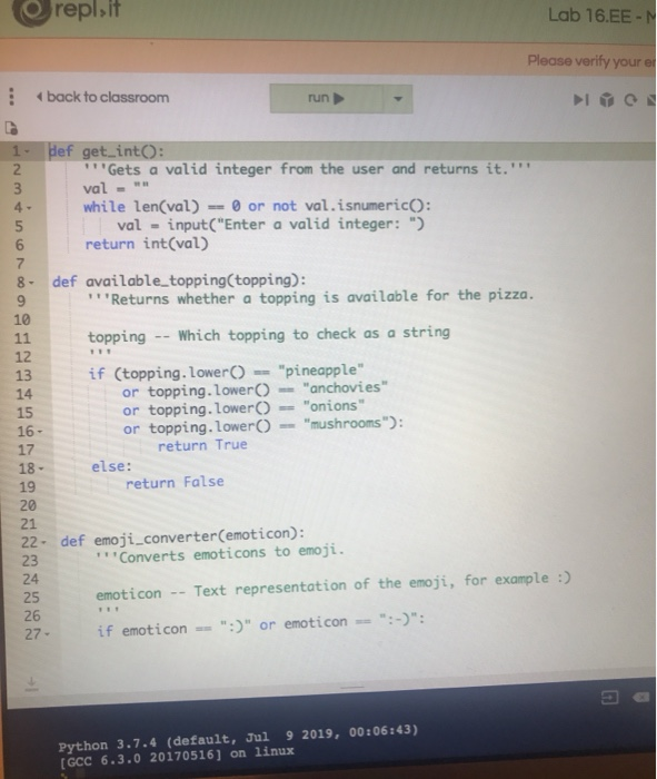 Solved replit Lab 16.EE - Please verify your el back to | Chegg.com