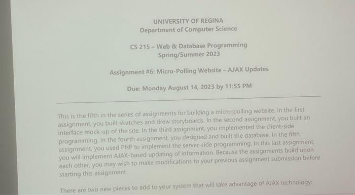 Solved UNIVERSITY OF REGINA Department of Computer Science | Chegg.com