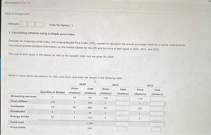 Solved 1. Calculating inflation using a simple price index | Chegg.com