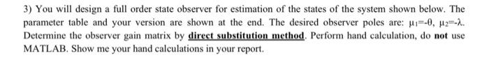 3) You will design a full order state observer for | Chegg.com