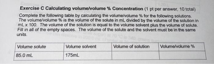 Solved Exercise C Calculating volumelvolume % Concentration | Chegg.com Solved Exercise C Calculating volumelvolume % Concentration | Chegg.com