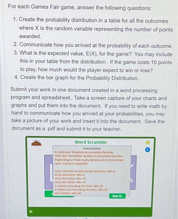 Solved For each Games Fair game, answer the following | Chegg.com