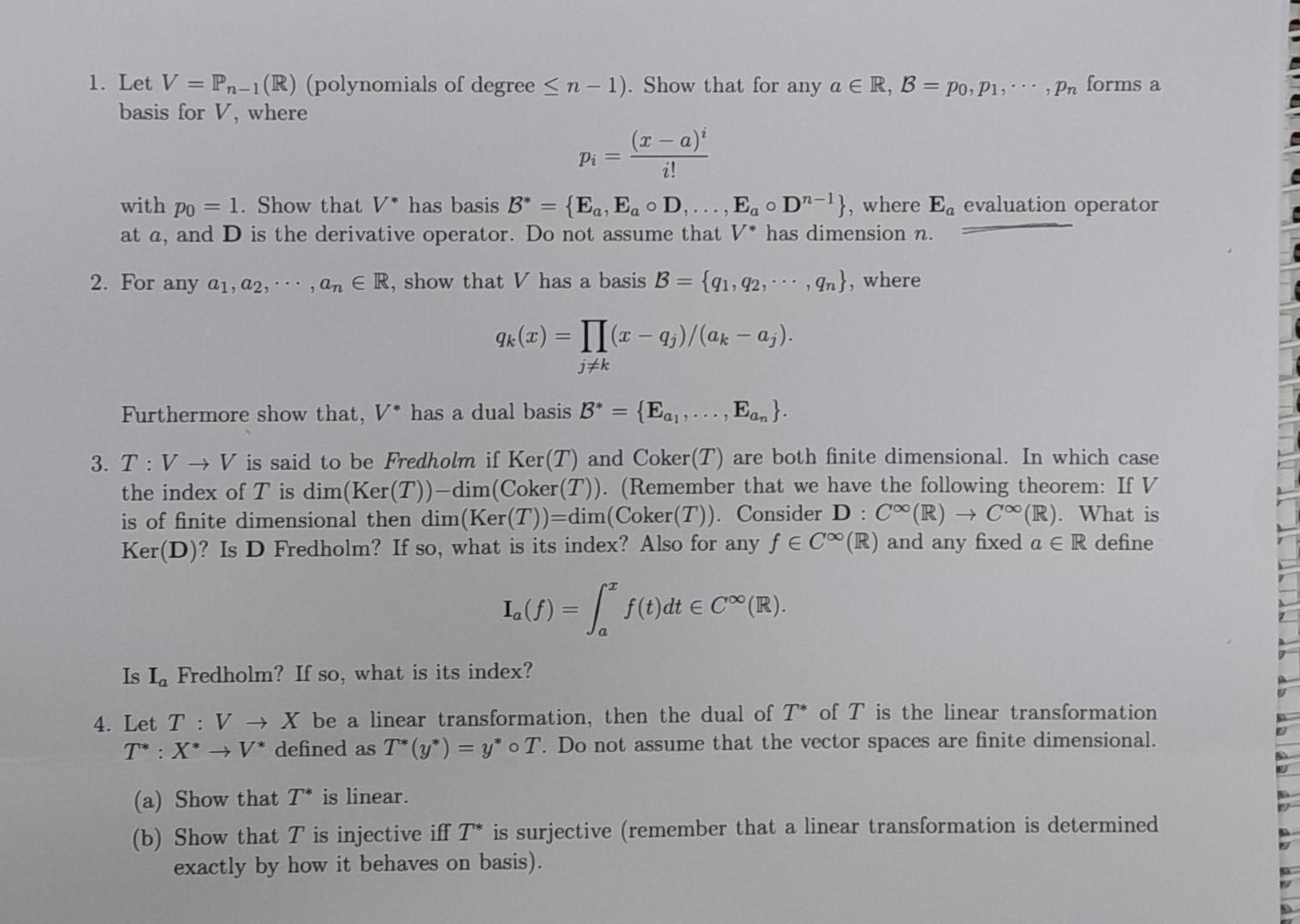 Solved Pi = o 1. Let V = Pn-1(R) (polynomials of degree | Chegg.com ...