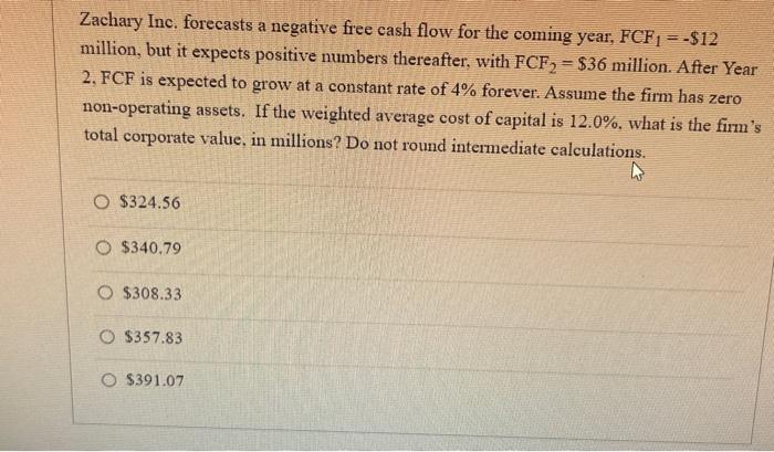 Solved Zachary Inc, forecasts a negative free cash flow for | Chegg.com