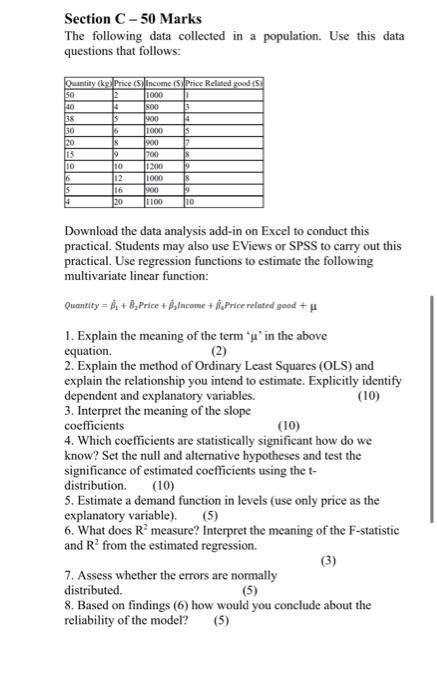 Solved Section C−50 Marks The following data collected in a | Chegg.com