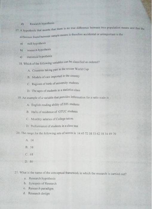 Solved 17. A hypothesis that asserts that there is no true | Chegg.com