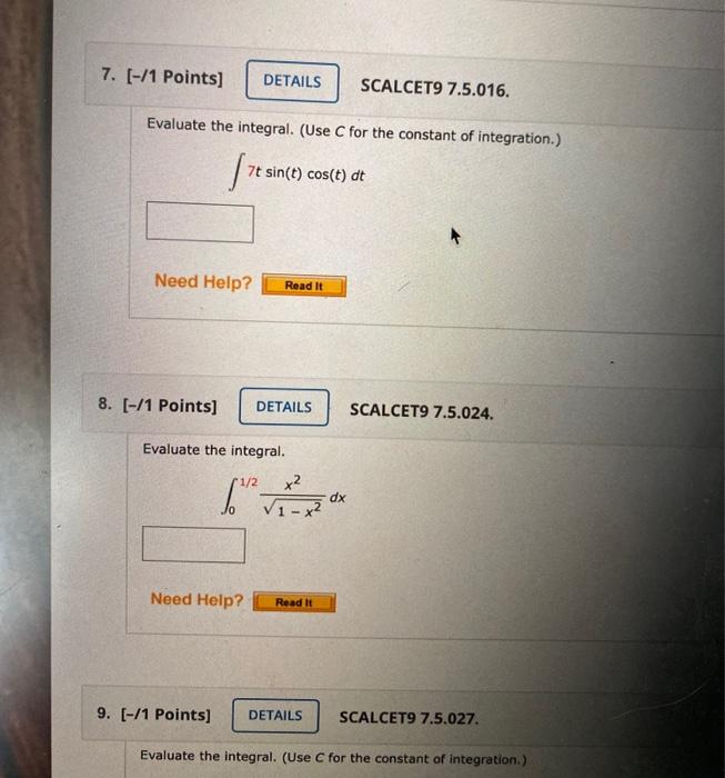 Solved 7. [-/1 Points] DETAILS SCALCET9 7.5.016. Evaluate | Chegg.com