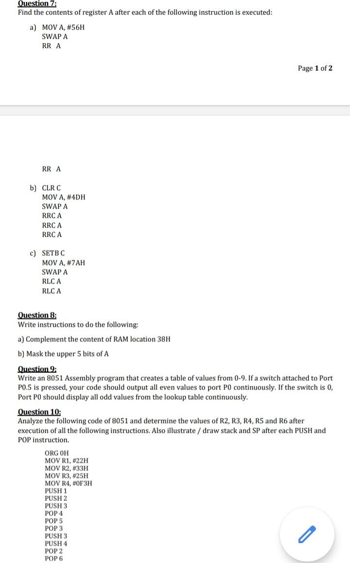 Solved Question 7: Find the contents of register A after | Chegg.com