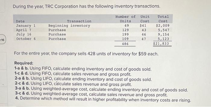 Solved During the year, TRC Corporation has the following | Chegg.com