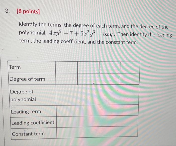 Solved 3 8 Points Identify The Terms The Degree Of Each 0157