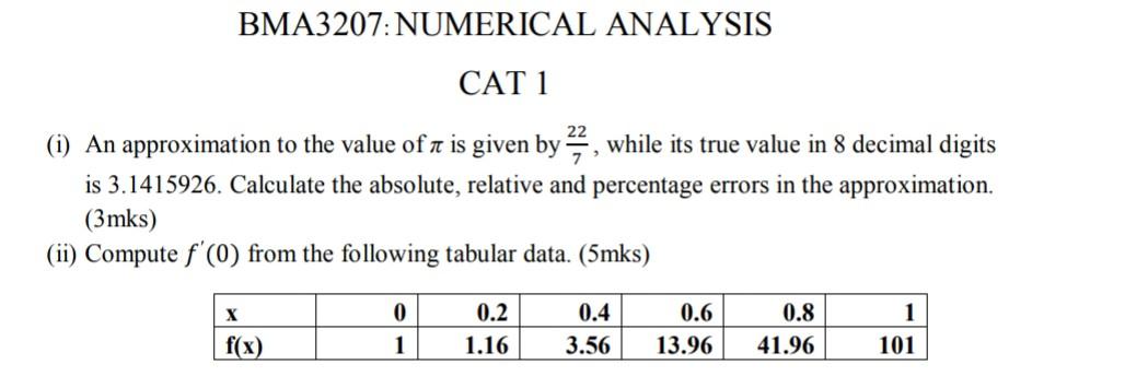 Solved BMA3207: NUMERICAL ANALYSIS CAT 1 (1) An | Chegg.com