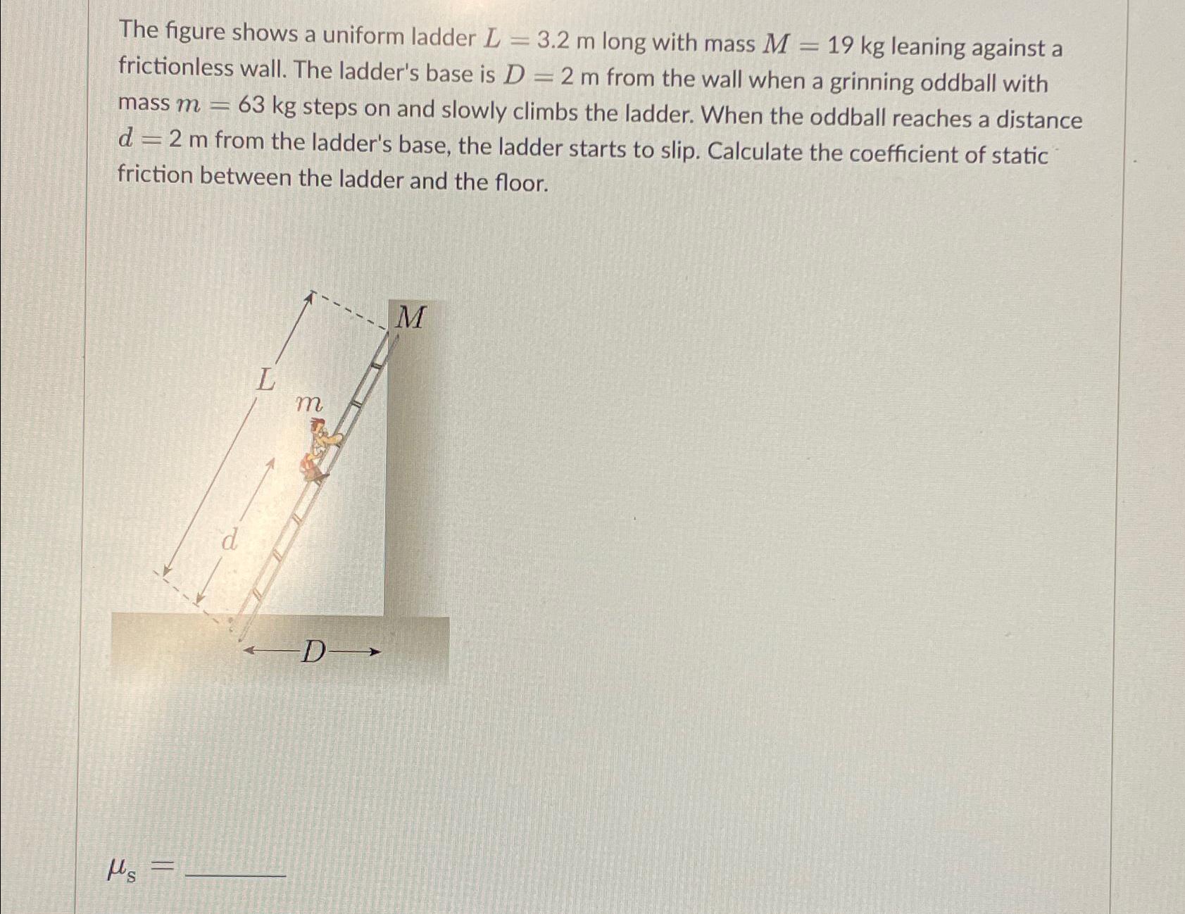 Solved The figure shows a uniform ladder L=3.2m ﻿long with | Chegg.com