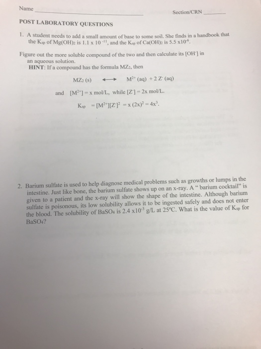Solved Name Section/CRN POST LABORATORY QUESTIONS 1. A | Chegg.com