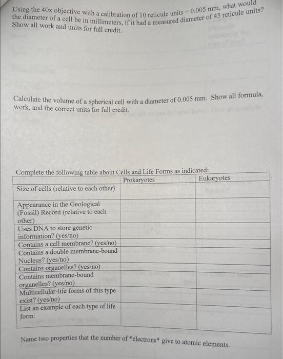 Solved Using the 40x objective with a calibration of 10 | Chegg.com
