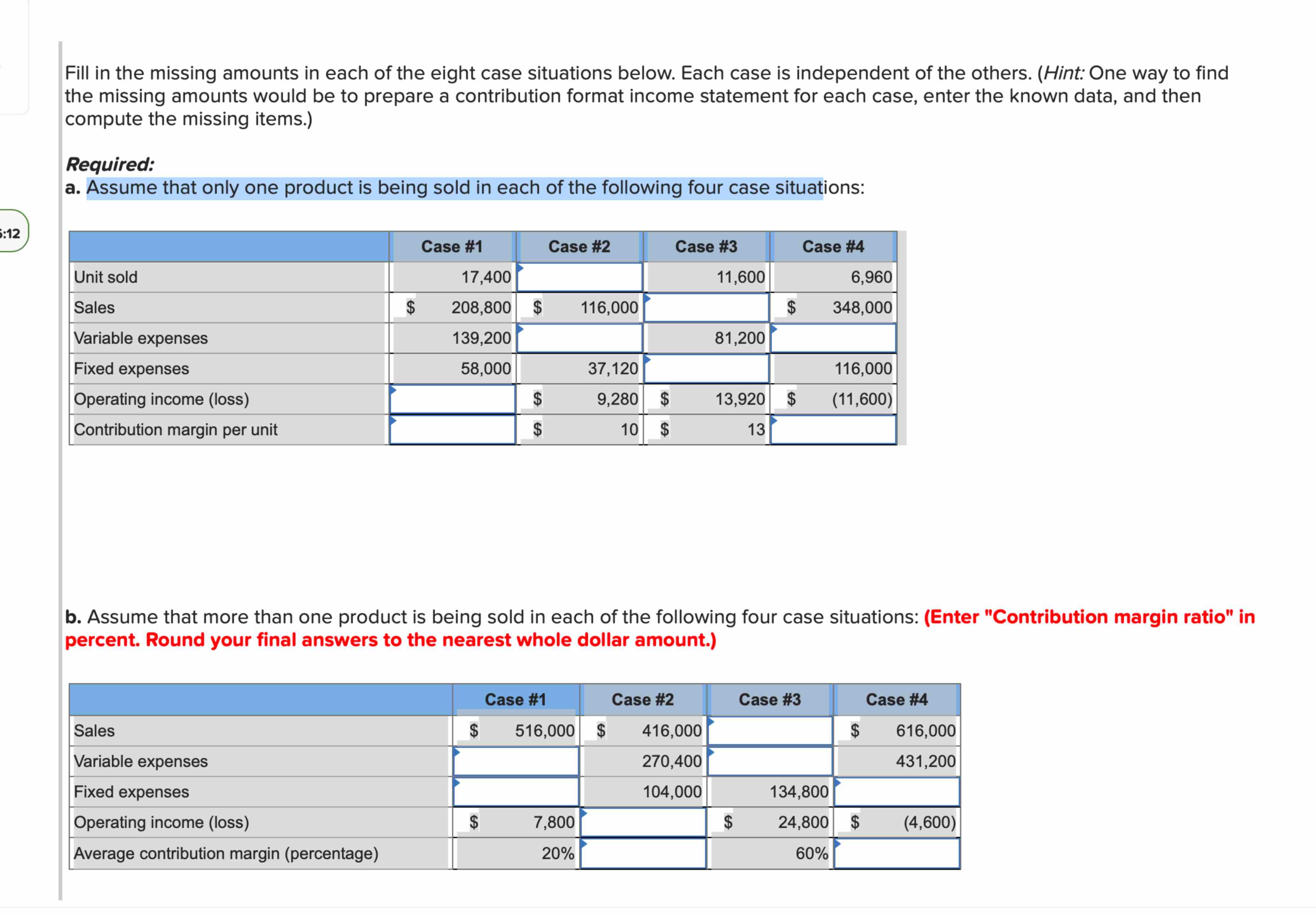 Solved Fill in the missing amounts in each of the eight case | Chegg.com