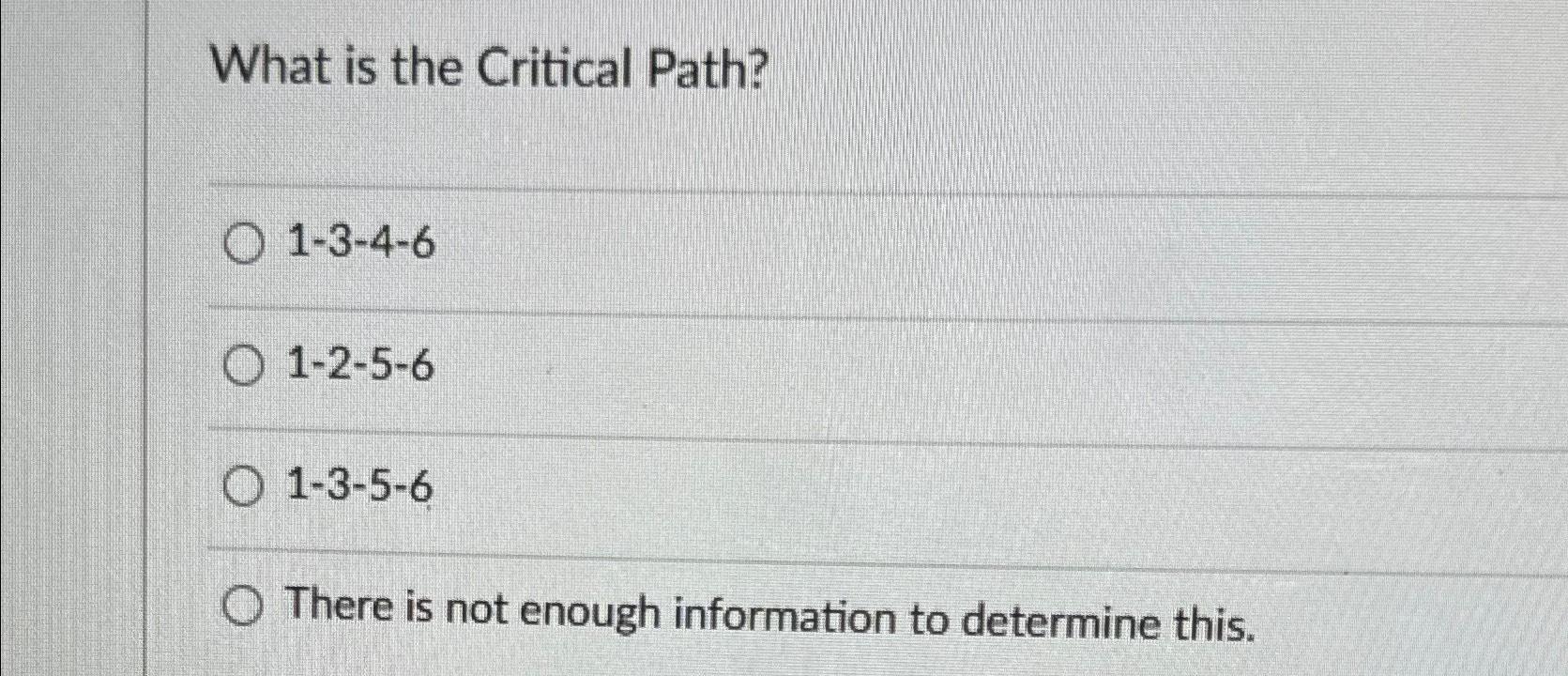 Solved What is the Critical Path?1-3-4-61-2-5-61-3-5-6There | Chegg.com