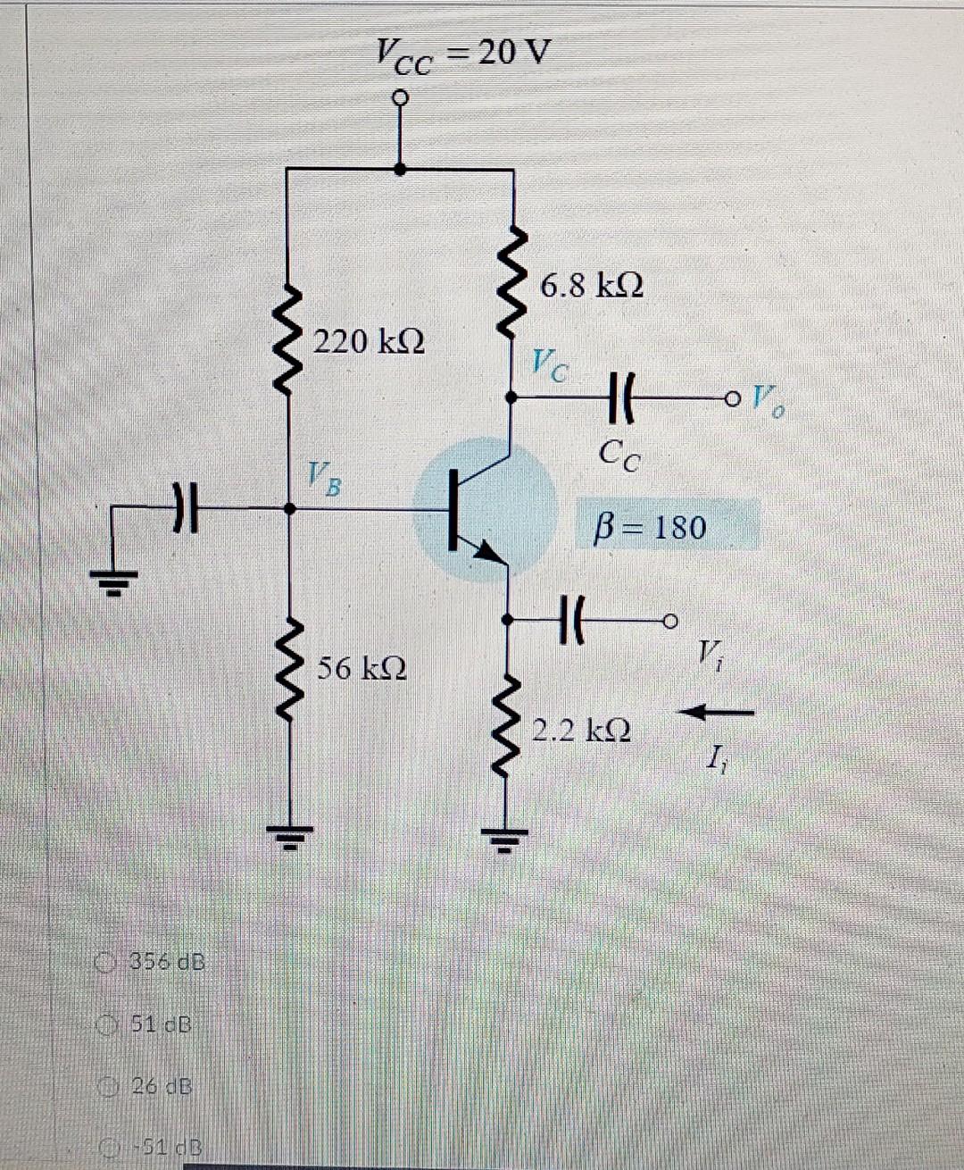 Solved Vcc = 20 V 6.8 k0.. 220 ko.. VC Ho CC VB } B = 180 돼 | Chegg.com