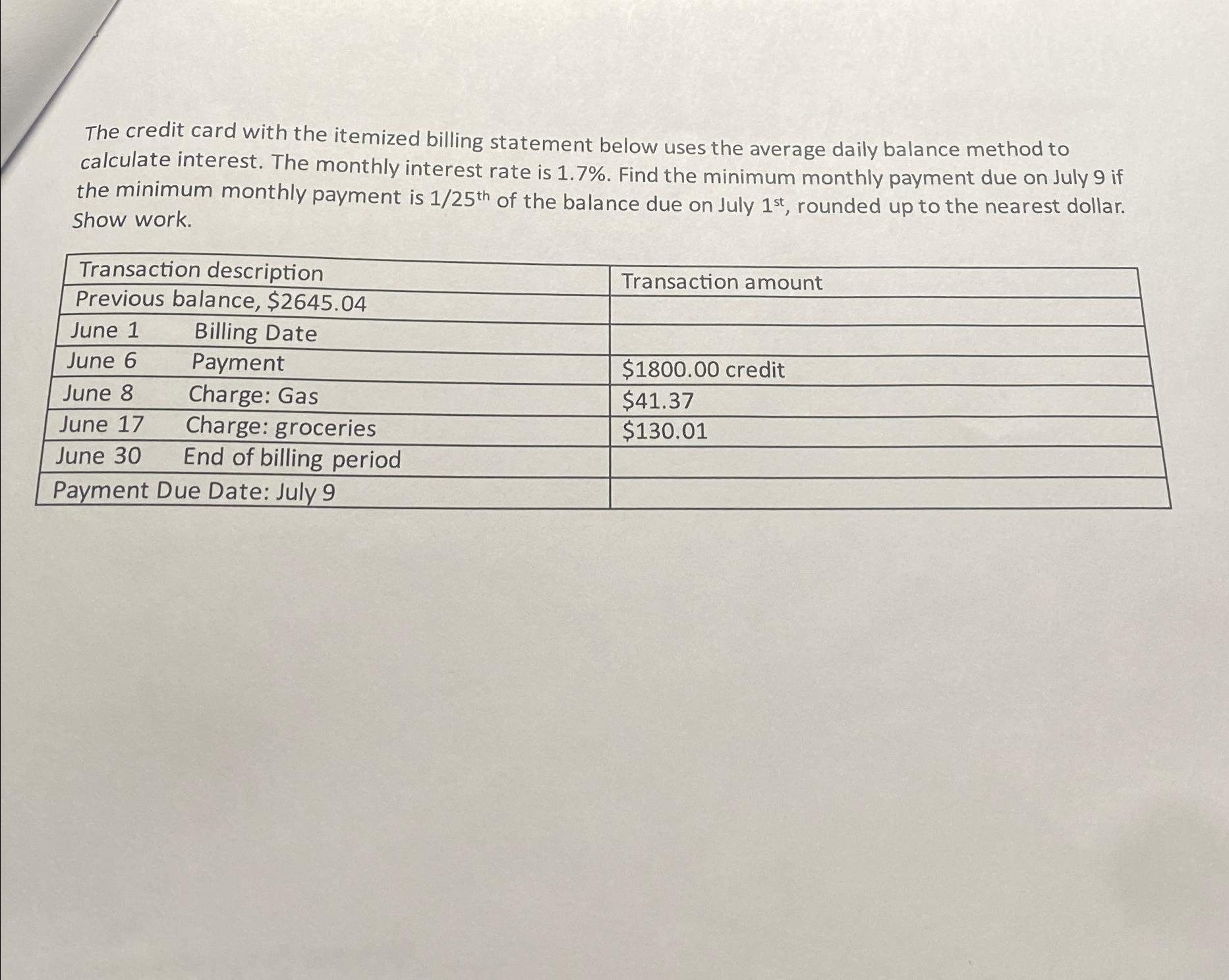 Solved The credit card with the itemized billing statement | Chegg.com