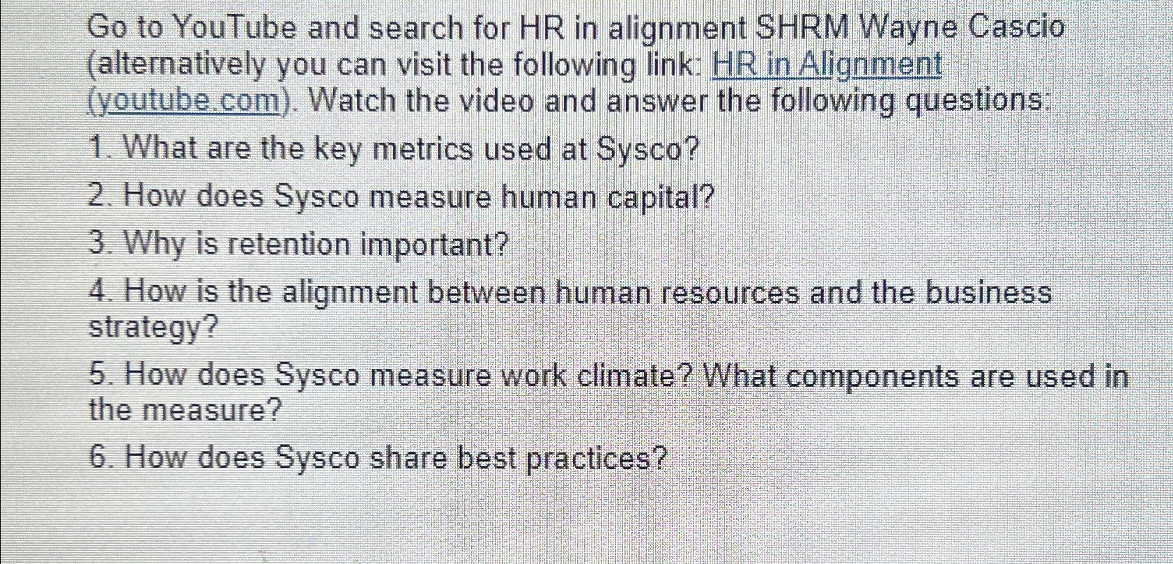 Solved Go to YouTube and search for HR in alignment SHRM | Chegg.com