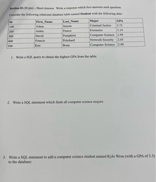 Solved Section II (20 pts) - Short Answer. Write a response | Chegg.com