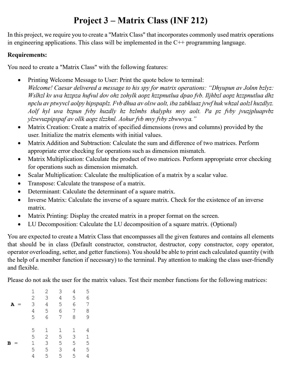 Solved In this project, we require you to create a "Matrix | Chegg.com