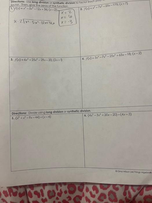Solved Directions: Use long division or synthefic division | Chegg.com