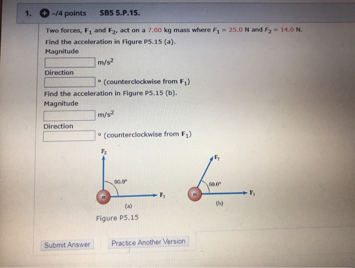 Solved 1.+-/4 points SB5 5.P.15. Two forces, F1 and F2, act | Chegg.com Solved 1.+-/4 points SB5 5.P.15. Two forces, F1 and F2, act | Chegg.com