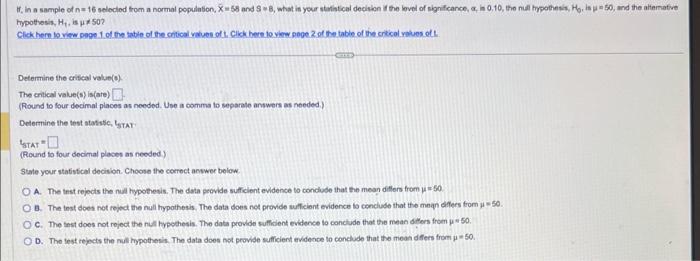 Solved hypothesis, H4, is μ =50 ? Click hern to view poge 1 | Chegg.com