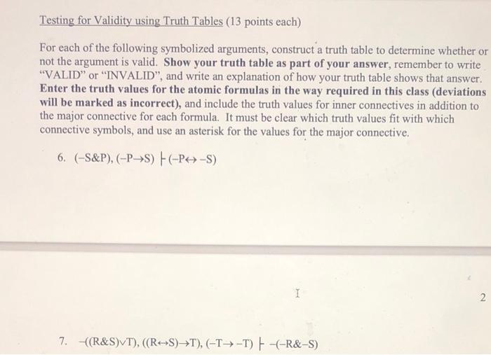 Solved Testing For Validity Using Truth Tables 13 Points 1747